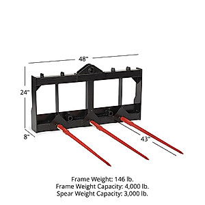Titan Attachments HD Skid Steer Hay Frame Attachment, Three 43" Hay Spears, Rated 4,000 LB, Quick Tach Mounting, Hay Handing Equipment for Bobcat Tractors