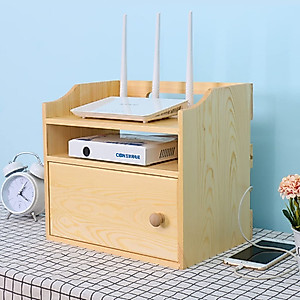 AVEEWA Wireless Router Storage Shelf Solid Wood Wireless Router Storage Box Desktop Set-Top Box Rack WiFi Box/Wood Color/32 * 21.5 * 28.5Cm