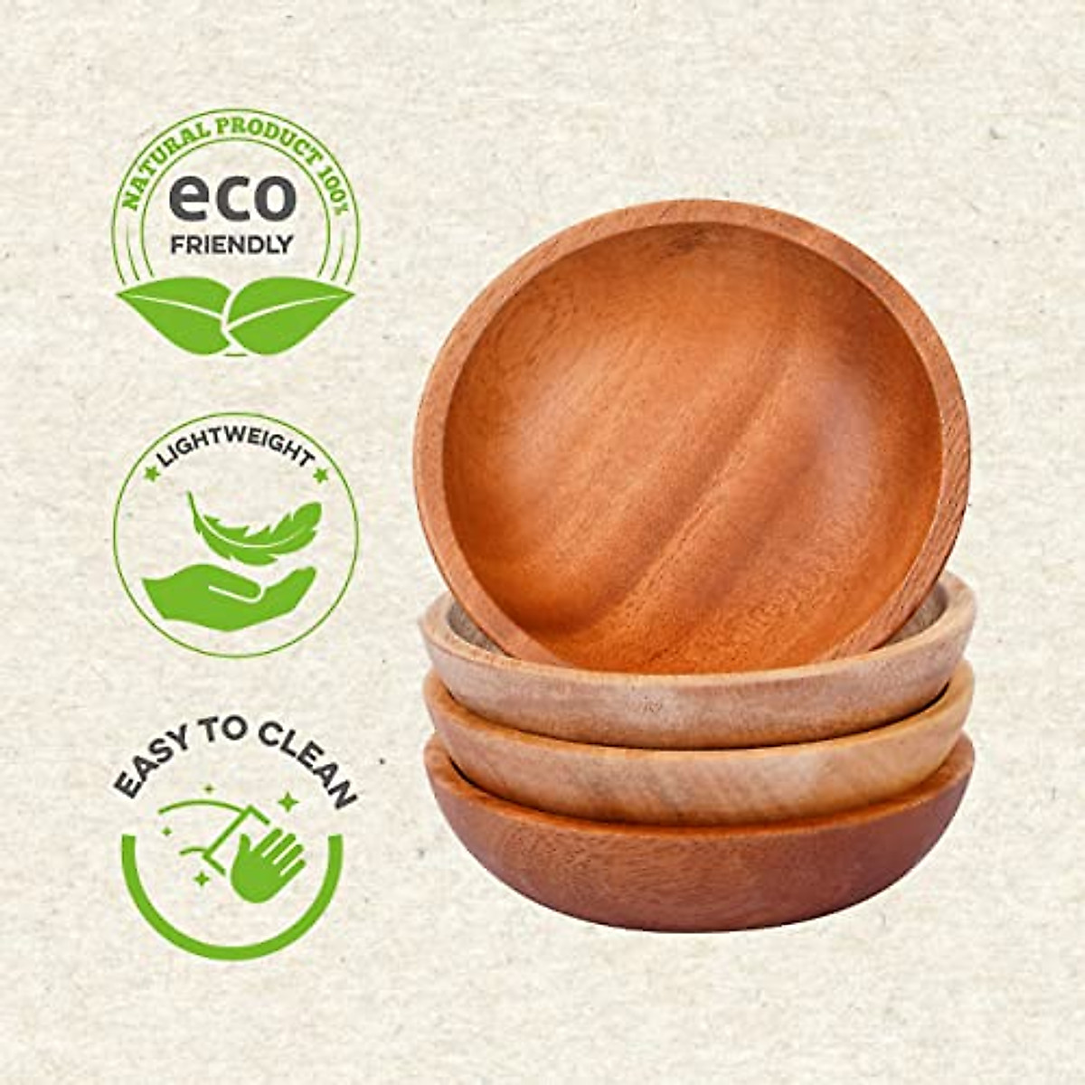 VieWood Mini Wooden Bowl Set of 4 (3.54" Diameter x 0.78" Height) for Condiments, Dip Sauce, Ketchup, Small Wood Bowl for Jam, little Prep, Olive (Round)