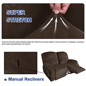 MAXIJIN Recliner Loveseat Slipcover, 6 Pieces Stretch Velvet Reclining Sofa Cover, 2 Seater Love Seat Recliner Couch Cover, Thick, Soft, Washable Furniture Cover (Loveseat Recliner, Dark Coffee)