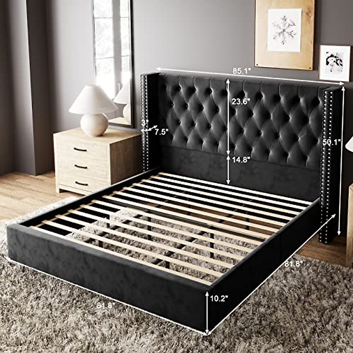 Jocisland King Bed Frame Upholstered Bed Wingback Headboard Velvet Tufted Diamond Button/No Box Spring Needed/Easy Assembly/Black