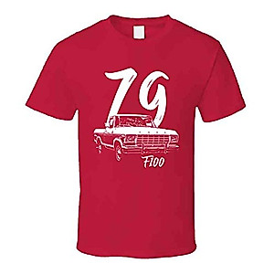 1979 F100 Pickup Truck Three Quarter Angle View with Year and Model Name Dark Color T Shirt XL Red