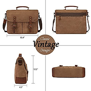 Mens Messenger Bag 15.6 Inch Waterproof Vintage Genuine Leather Waxed Canvas Briefcase Retro Office Computer Laptop Bag Large Satchel Shoulder Bag for Men Women, Brown