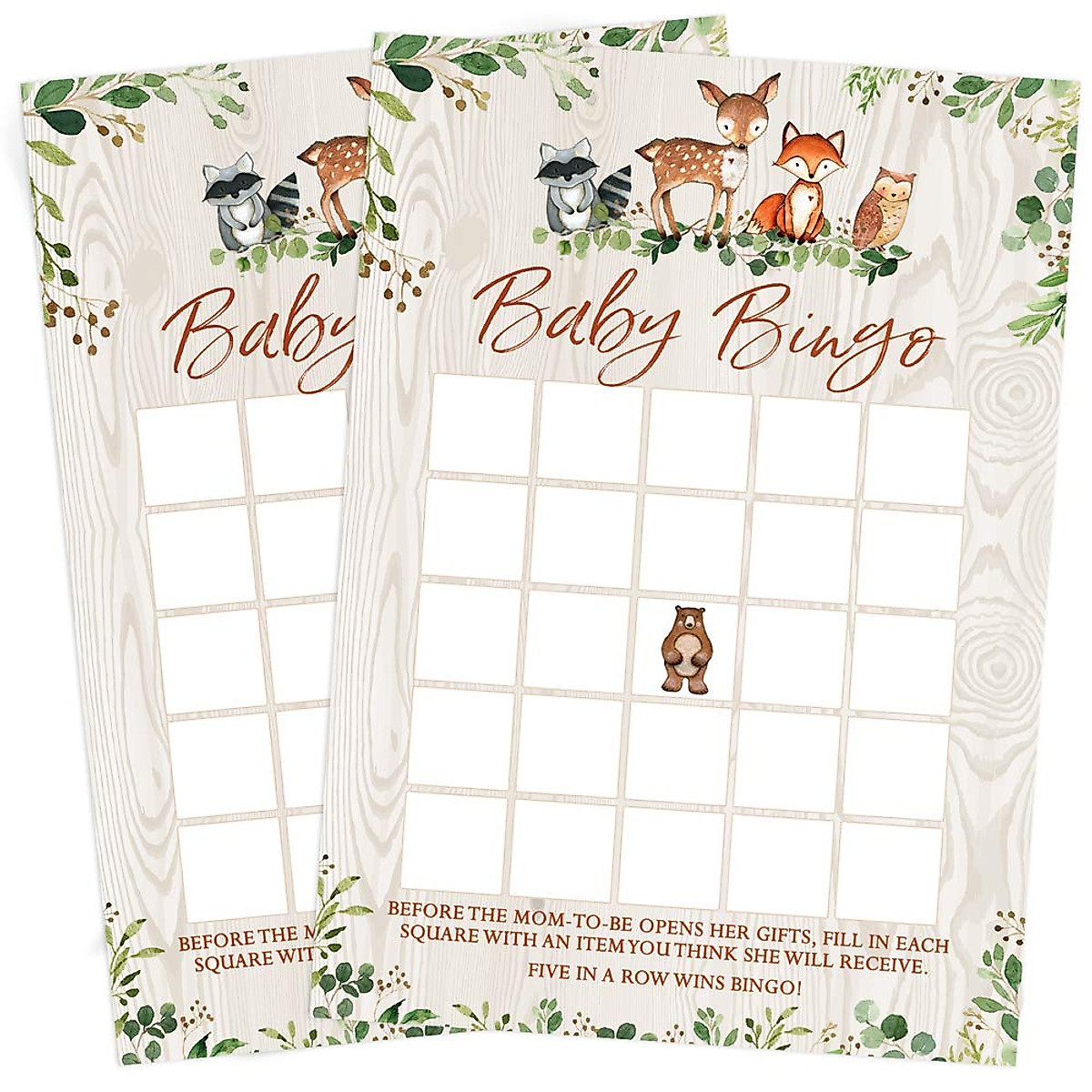 Printed Party Woodland Baby Shower Game Set – 5 Fun Games & Activities for Boy or Girl, Woodland Forest Animals Theme, 50 Guests
