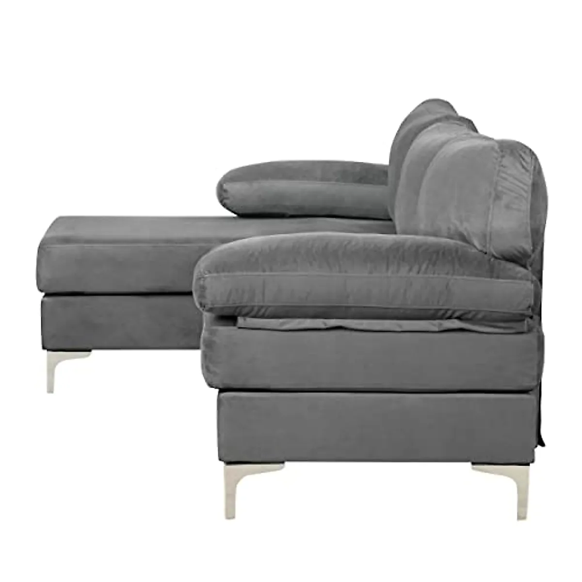 Divano Roma Furniture Modern Velvet L-Shape Sectional Sofa, with Extra Wide Chaise Lounge Couch, Grey