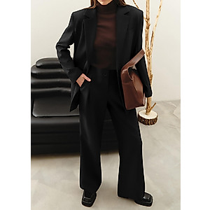 KIRUNDO Women's 2025 Spring Fall 2 Piece Blazer Set Casual Loose Long Blazer Jackets and Dressy Wide Leg Pant Suits Pockets Black