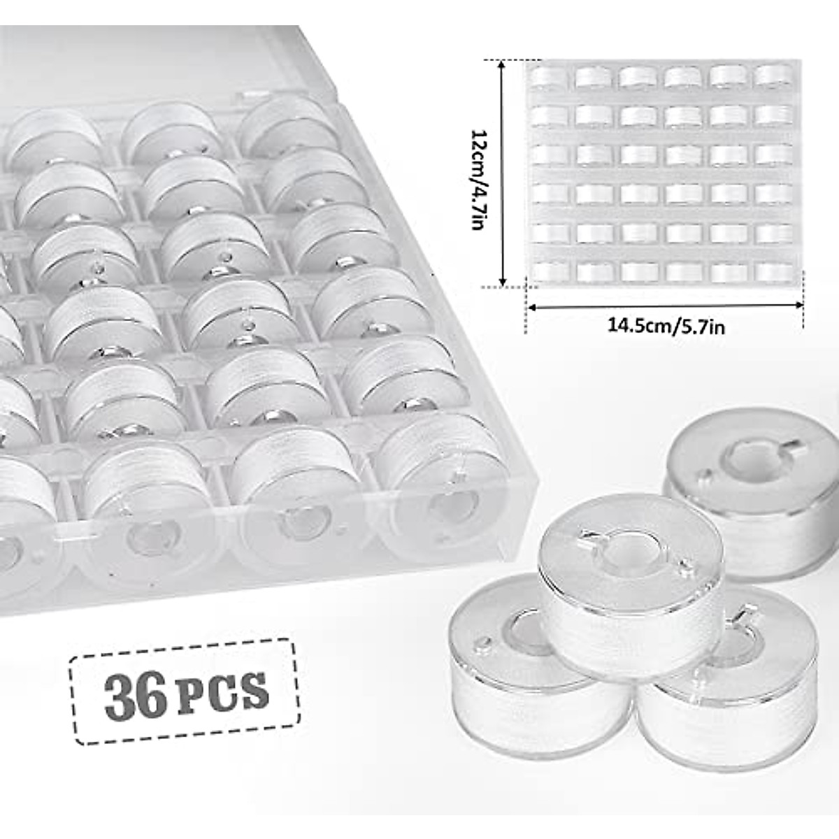 ilauke 36pcs White Sewing Thread 60WT Size A Prewound Bobbin Thread with Bobbin Case, Polyester Thread for Brother Singer BabyLock Janome Machines DIY Embroidery Thread