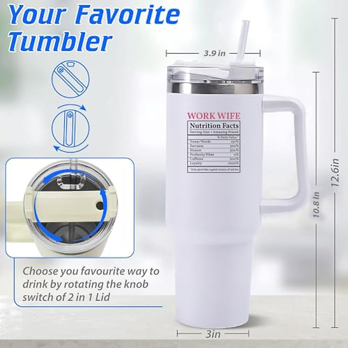 Work Wife Gifts for Women - 40 oz Insulated Tumbler with Handle & Straw - Funny Work Wife Cup for Coffee, Tea, Ice Water - Best Work Wife Gift for Birthday, Christmas, or Office Coworker Appreciation