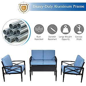 Tangkula 8PCS Outdoor Aluminum Patio Conversation Set, Patio Sofa Set 2 Loveseat, 4 Single Sofas, 2 Coffee Table, Outdoor Furniture Set w/Padded Cushions for Garden, Yard, Pool, Backyard (2, Blue)