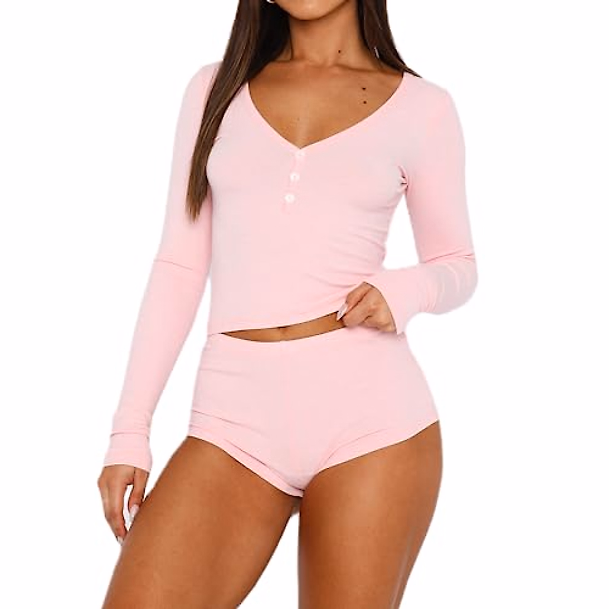 NUFIWI Women Knitted 2 Piece Outfits Pajamas Long Sleeve Slim Fit Shirt Top High Waist Shorts Y2k Lounge Sleepwear Set(B Pink 12,Small)
