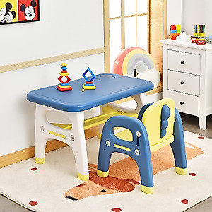 Costzon Toddler Table and Chair Set, Cute Dinosaur Children Activity Art Sturdy Desk Set w/Storage Rack & Montessori Toys Building Blocks, Kids Table and Chair for Baby Boys Girls (Blue)