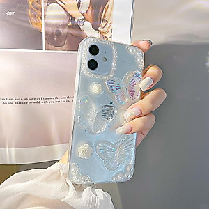 LOLAGIGI for iPhone 13 Pro Max Case Cute Butterfly Flower Pearl 3D Twinkle Glitter Spark Luxury Girly Aesthetic Personalized Design for Women Girls Transparent Epoxy TPU Case, 6.7", Clear