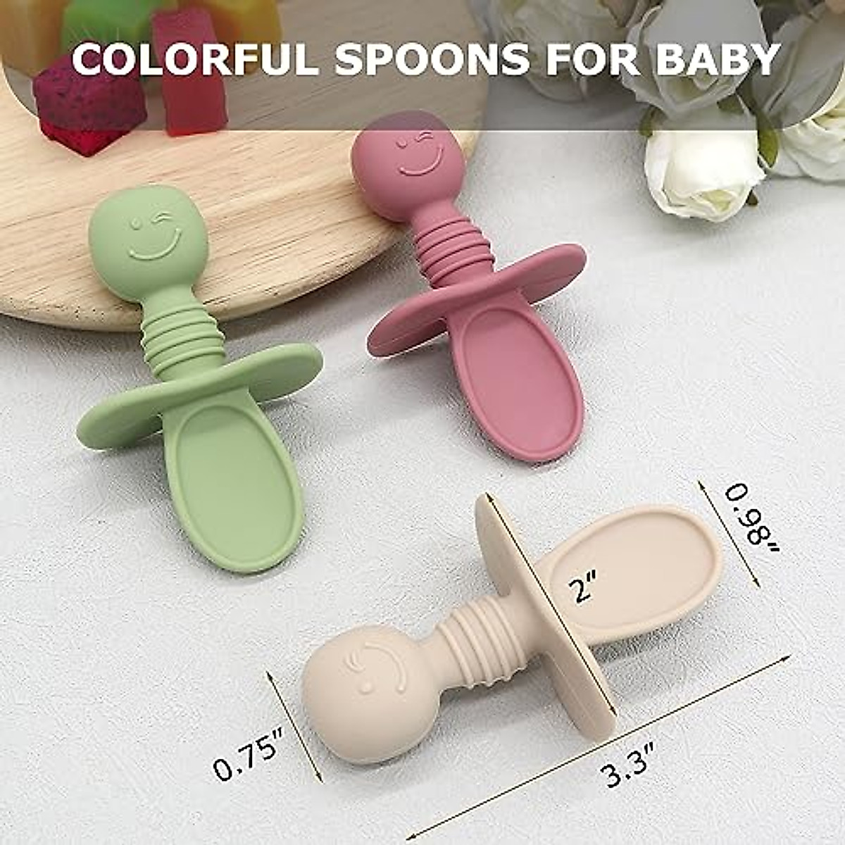 Silicone Baby Spoons Self Feeding 3+ Months - Infant Toddler Utensils - First Stage Baby Led Weaning Feeding Supplies - Set of 3 Pack (Smile Style)