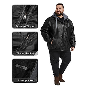 wantdo Men's Big and Tall Leather Motorcycle Jacket Warm Winter Coat with Removable Hood Black 3X-Large Big