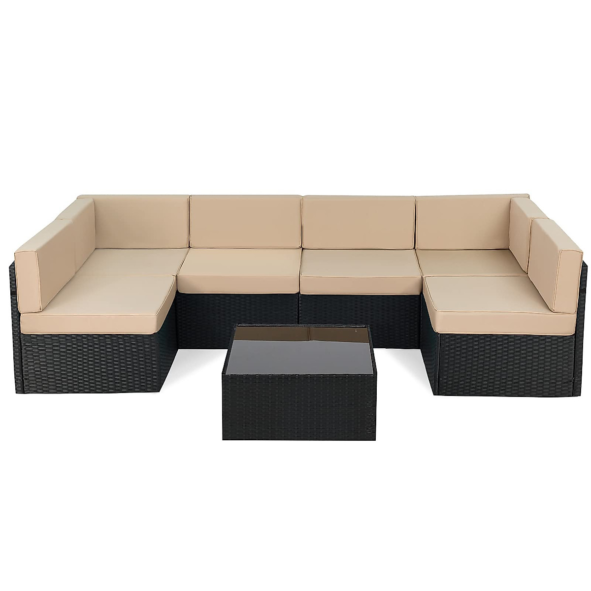 AECOJOY 7 Piece Patio PE Rattan Wicker Sofa Set, Outdoor Sectional Conversation Furniture Chair Set with Cushions and Table, Blue and Brown