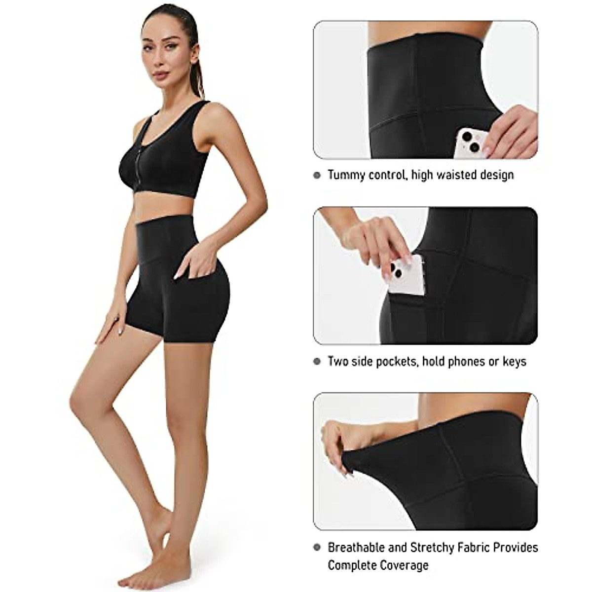 KKB Women's 8''/5'' High Waist Active Wear Shorts Yoga Leggings, Tummy Control Workout Shorts Side Pockets Running Pants (Small, 1-8"-Black)