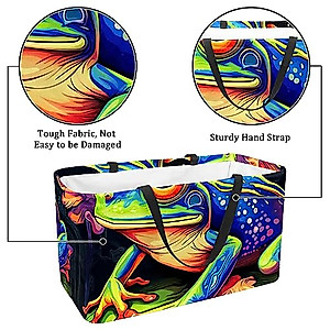 Reusable Grocery Bags Boxes Storage Basket, Red Eye Frog Pattern Collapsible Utility Tote Bags with Long Handle