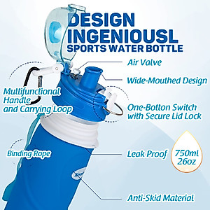 Kemier Collapsible Silicone Water Bottles-750ML,Medical Grade,BPA Free.Can Roll Up,26oz,Leak Proof Foldable Sports & Outdoor Water Bottles (Blue)