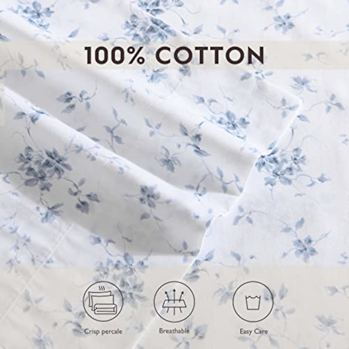 Laura Ashley Home - Standard Pillowcase Set, Cotton Sateen Bedding, Smooth & Wrinkle-Resistant (Garden Muse Blue, 2 Piece)