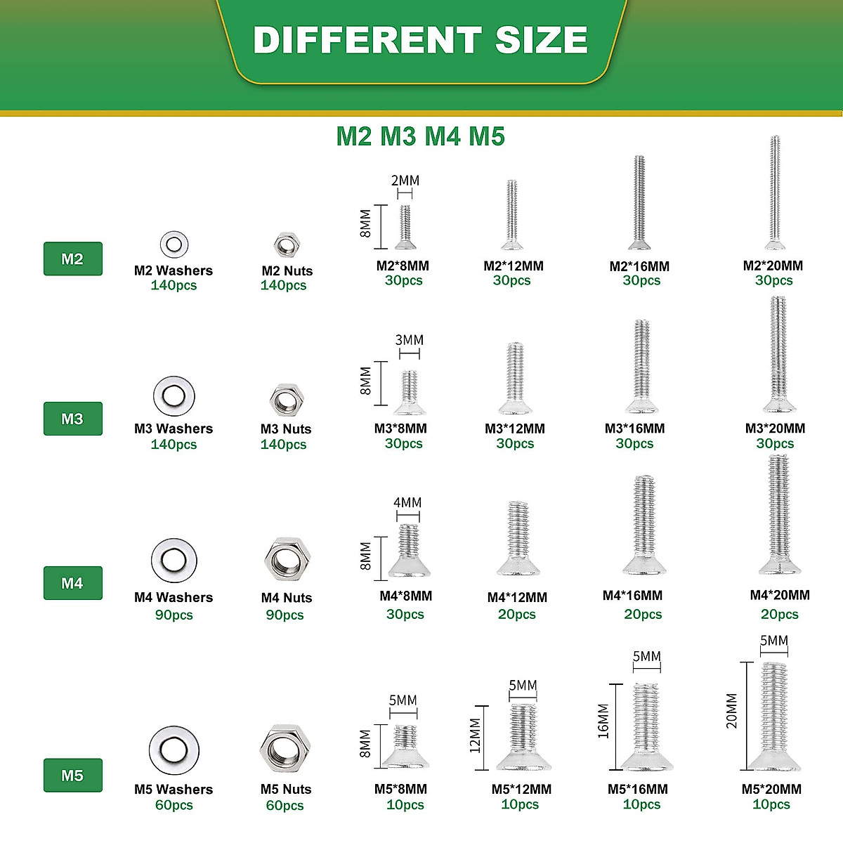 FOLIV Flat Head Socket Cap Screws, 1230PCS M2 M3 M4 M5 Bolts Nuts Washers Assortment Kit, Allen Socket Drive, 304 Stainless Steel