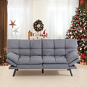 Hcore Convertible Futon Bed,Gray Fabric Memory Foam Loveseat Sofas, Pure Grey