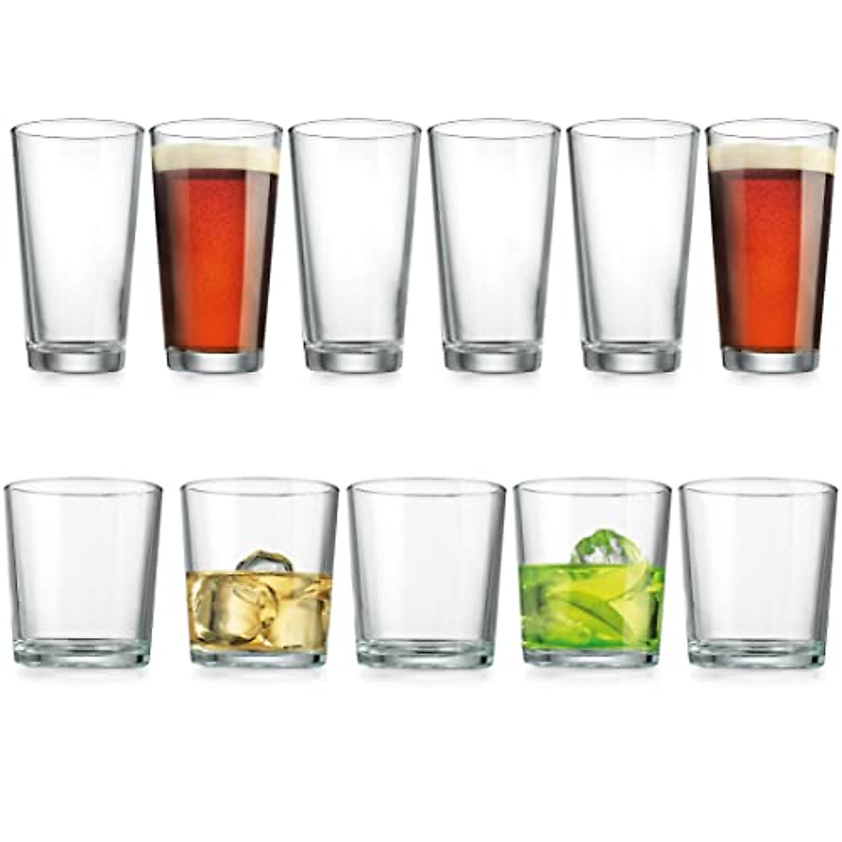 Glaver's Drinking Glasses Set Of 16, 8 Highball Glasses (17oz.), 8 Rocks Glass Cups (13 oz) Beer Glasses, Water, Juice, Cocktails.