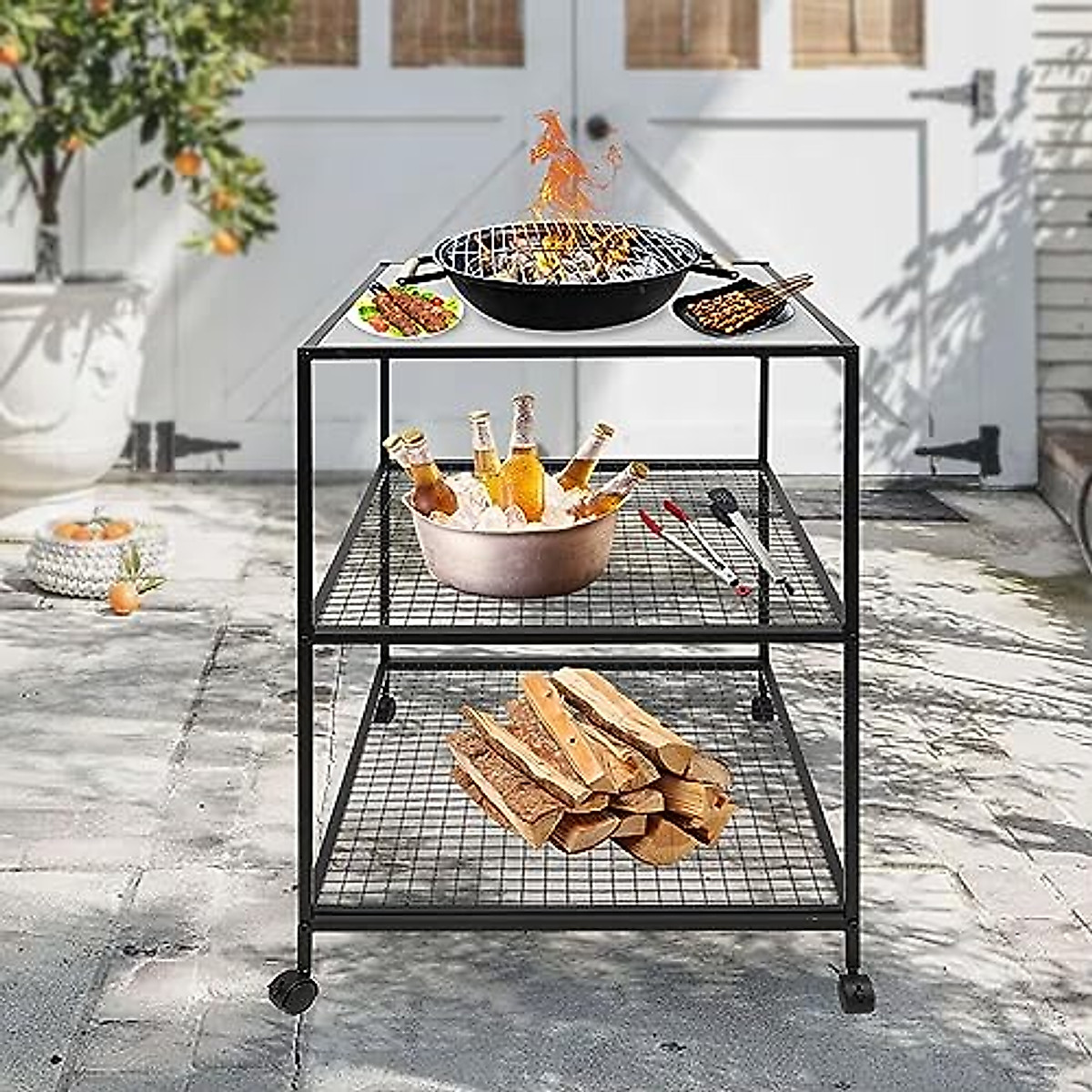 KarweuSu 3-Tier Shelf Food Preparation BBQ, Outdoor Cook Adjustable Station Table with Wheels, Heightened Bottom Grill Serving Cart Movable Trolley Storage (with Handle)