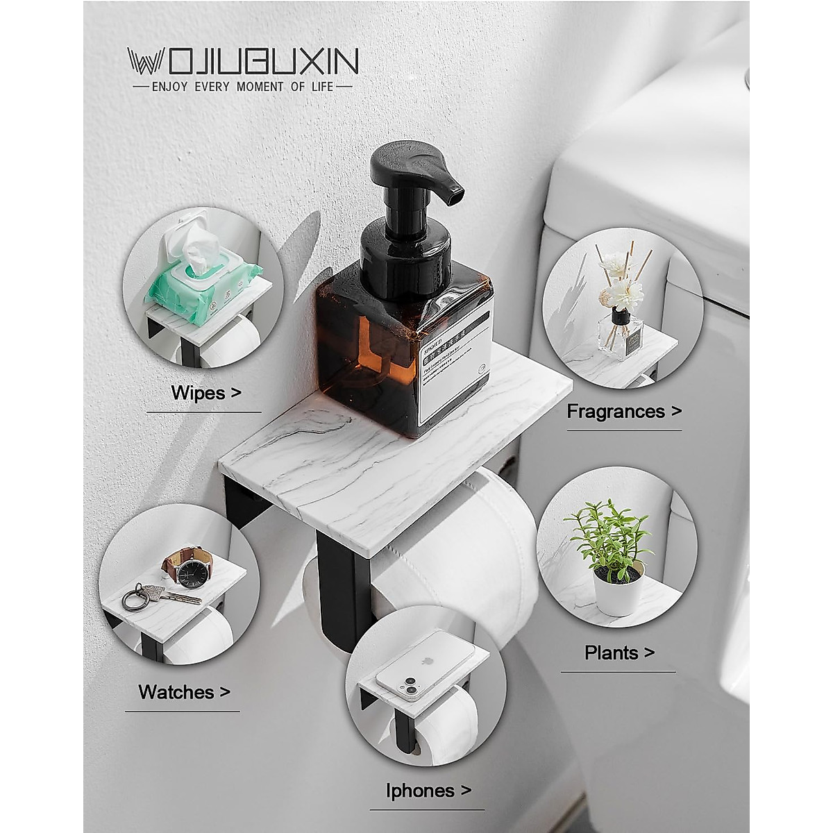 WOJIUBUXIN Marble Toilet Paper Holder with Shelf Black Toilet Paper Roll Holder Wall Mount for Bathroom Cabinet Decorative,Matte Black Finish,Modern Style,Screw-in,Each Marble with A Unique Pattern