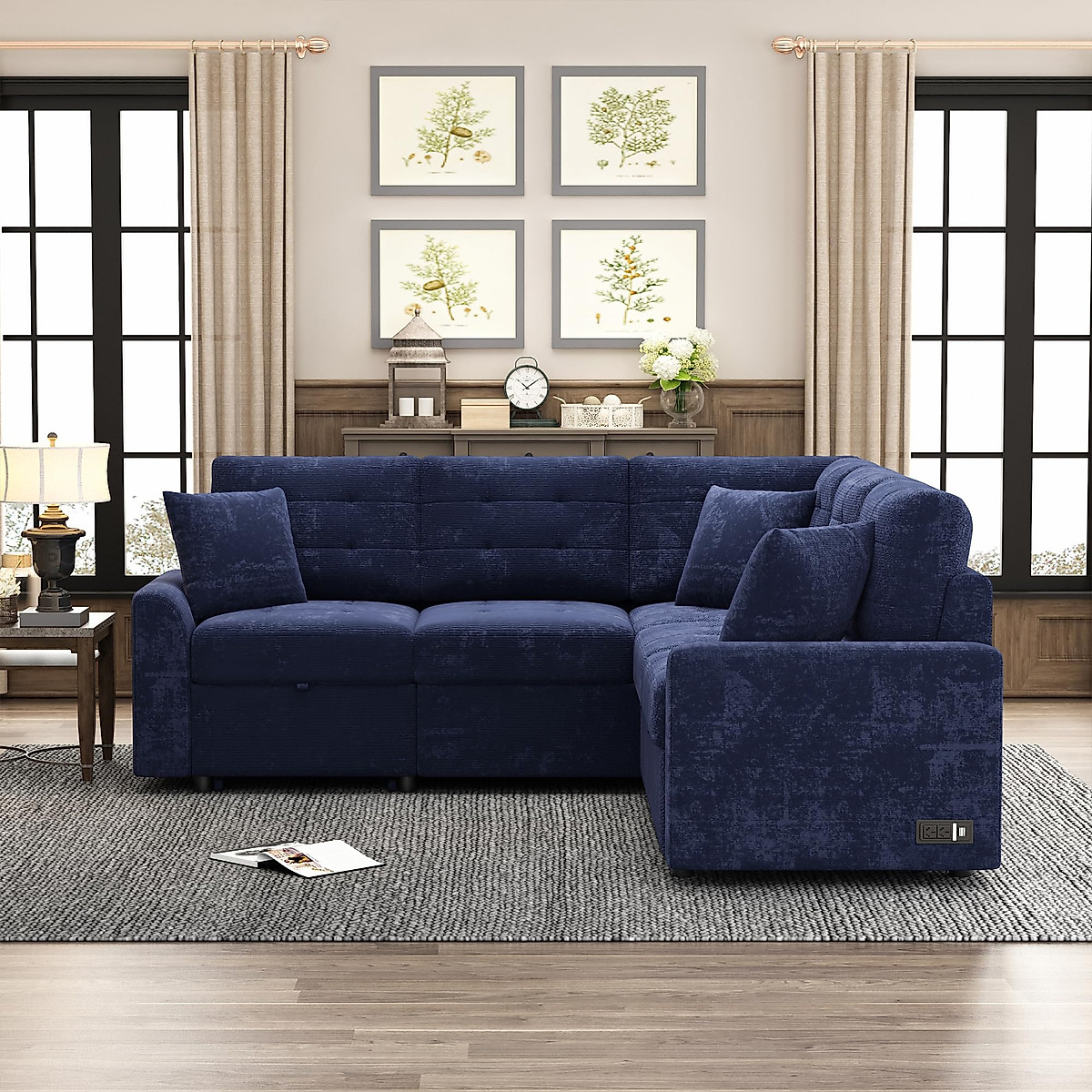 Pull Out Couch Sectional Sleeper Sofa Couch with Pull Out Bed Convertible Sofa Bed with USB Ports and Power Sockets L Shaped Couch for Living Room, Navy Blue
