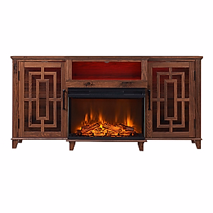 JXQTLINGMU 3-Sided Glass Fireplace TV Stand for 75 Inch TV, Large Farmhouse Media Console with LED Light, Highboy Entertainment Center with 3 Side Cutouts Glass Doors for Living Room, Antique Brown