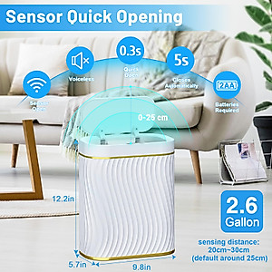 steo spce Bathroom Small Trash Can with Automatic Touchless Lid, 2.6 Gallon Smart Garbage Can Narrow Waterproof Trash Bin for Bedroom, Office, Living Room-Glod White