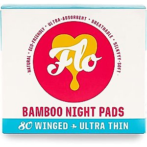 FLO - Mega Pack of Bamboo Night Pads, Winged & Ultra-Thin, Feminine Period Care, Organic Menstrual Products, Plant-Based, Plastic-Free, Sanitary Napkins, Women, Black-Owned, Compostable, 80 Count