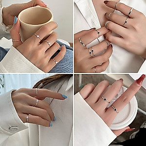 FOCALOOK 925 Sterling Silver Ring for Women, Heart Black Cubic Zirconia CZ Eternity Simple Stackable Engagement Wedding Promise Band Ring for Her Size 9