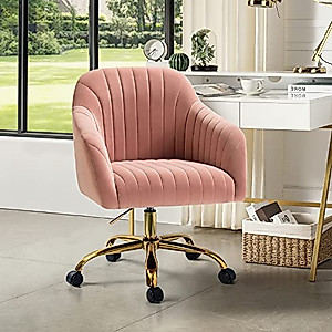 HULALA HOME Velvet Home Office Desk Chair, Modern Cute Computer Task Chair, Wheels Swivel Height Adjustable Upholstered Vanity Chair for Women, Girls (Gold Base, Pink)