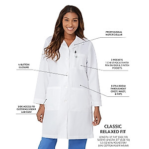 Landau Relaxed Fit 3-Pocket 4-Button Full-Length Lab Coat for Women 3155, White, 6