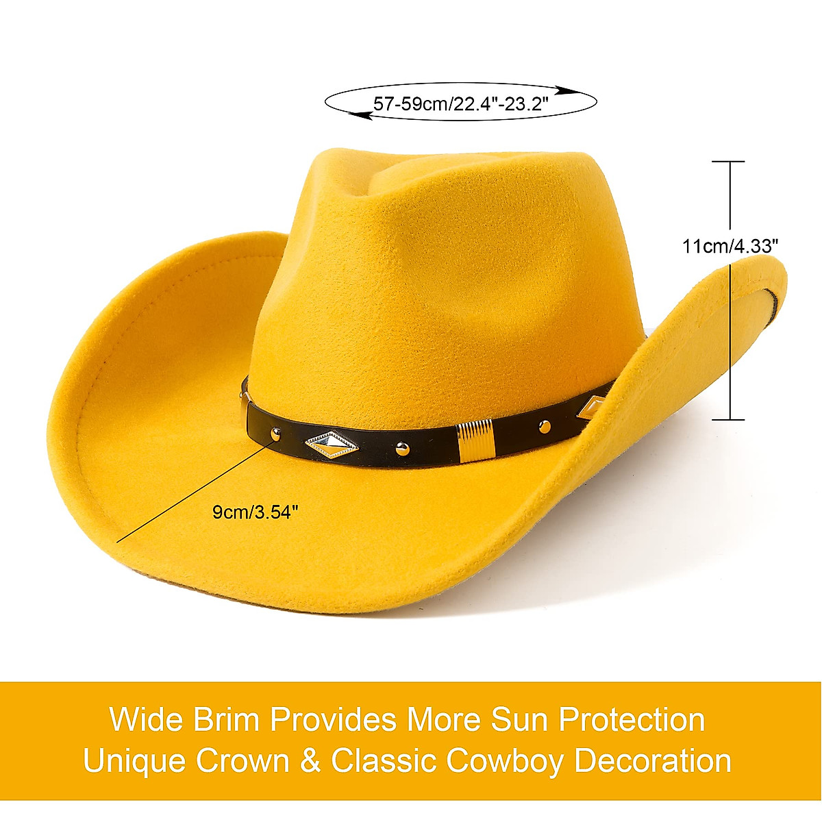 Lanzom Women Men Classic Felt Wide Brim Western Cowboy Cowgirl Hat with Belt Buckle(Yellow, Medium)