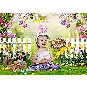 LTLYH 8x6ft Spring Easter Floral Bokeh Backdrop Easter Photo Decorations Background Easter Rabbit Colorful Eggs Fence Grass Wall Decor Photography Background 172