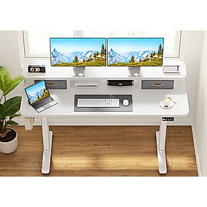 Flycity Electric Standing Desk with Dual Drawers, 55" x 24" Height Adjustable Desk Sit Stand Desk with Memory Controller, Casters & 2 Hooks, Ergonomic Low Noise Home Office Desk, White