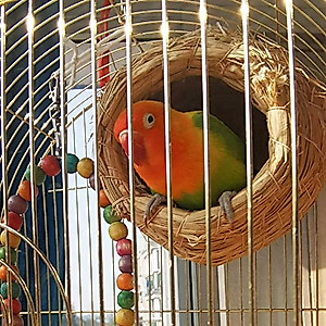 kathson Straw Bird Nest Natural Fiber Birdcage Birdhouse Parrot Hideaway Shelter Hut Parakeet Perch Hanging Bell Toys for Small Finch Canary Lovebird Resting Breeding Playing 4PCS