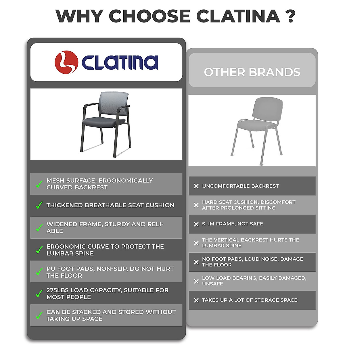 CLATINA Guest Reception Stacking Office Chairs with Arm, Mesh Back Waiting Room Chair with Upholstered Fabric Seat and Ergonomic Lumbar Support for Office Conference School Church, Black-2 Pack