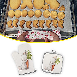 Kitchen Oven Mitts and Pot Holders Sets,Spring Cute Bunny Rabbit Print Oven Gloves and Potholders,Heat-Resistant Oven Gloves and Hot Pads for Cooking,Baking Grilling Spring/Summer.Gift Present
