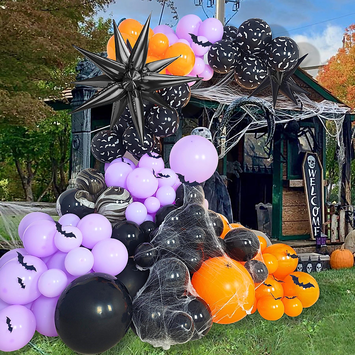 187pcs Halloween Balloon Garland Arch Kit, Halloween Decorations Party Supplies, Large Size Halloween Balloon Garland with Halloween 3D Bat Sticker, Halloween Spider Web