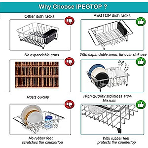 iPEGTOP Expandable Deep & Large Dish Drying Rack, Over The Sink, in Sink Or On Counter Dish Drainer Basket Shelf with Grey Removable Utensil Silverware Holder, Rustproof Stainless Steel