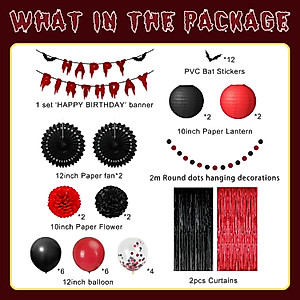 Halloween Birthday Party Decorations - Black Red Halloween Happy Birthday Banner Foil Curtains Backdrop 3D Bat Sticker Paper Pompoms Latex and Confetti Balloons for Halloween Birthday Party Supplies