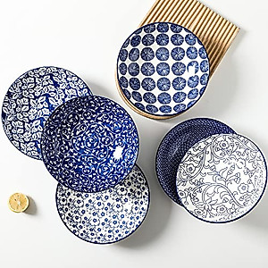 Selamica Porcelain 40oz Large Bowls 9 inch Big Pasta Salad Bowls, Microwave and Oven Safe, Vintage Blue, Set of 6