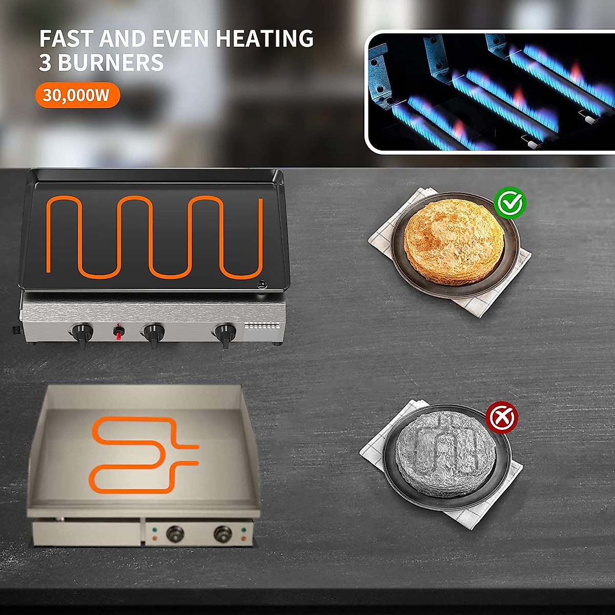 SKOK 3 Burner Gas Griddle- 23.3 Inch Outdoor Propane Griddle-30000 BTU Propane Fuelled, Portable Flat Top Gas Grill Camping Griddle Station with Side Shelves for Kitchen, BBQ, Camping Tailgating