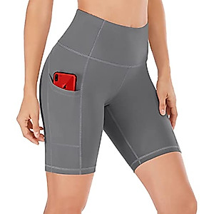 Ewedoos Biker Shorts Women Tummy Control Workout Shorts with 3 Pockets High Waisted Compression Gym Running Yoga Shorts Women Gray
