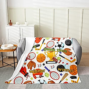 Basketball Game Flannel Blanket for Kids,Sports Theme Football Baseball Fleece Throw Blanket for Bedroom Sofa Dorm Decor,Watercolor Ball Hobby Activity Fuzzy Blanket Lightweight,Throw (50" x 60")