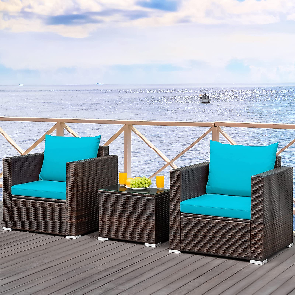 HAPPYGRILL 3 Pieces Patio Furniture Set PE Rattan Wicker Sofa Set with Cushions and Coffee Table Outdoor Patio Conversation Set for Garden Poolside Balcony