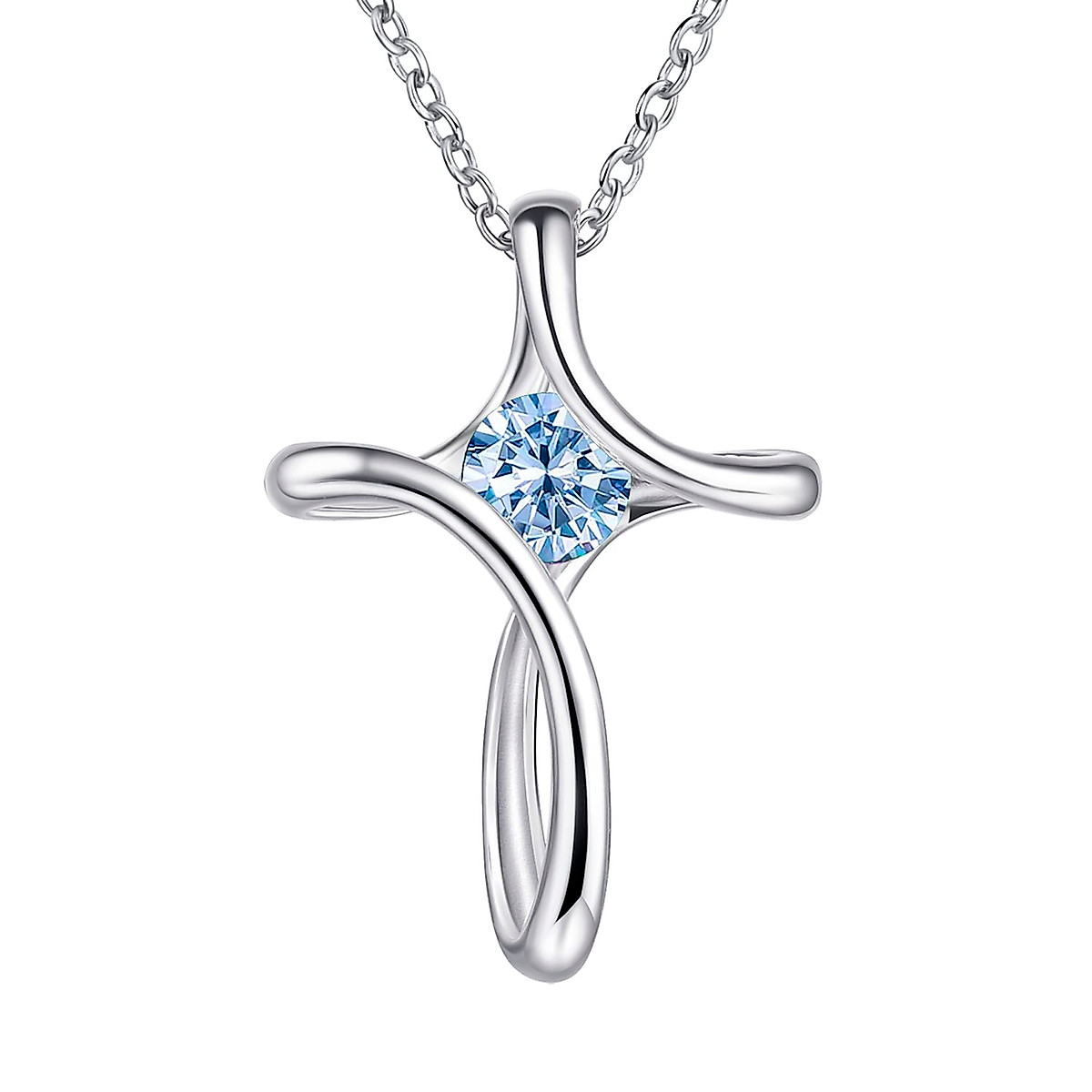 NINAMAID Cross Necklace for Women, 925 Sterling Silver Birthstone Necklaces for Women with Diamond Sideways Cross Necklace Birthstone Jewelry Gifts for Women